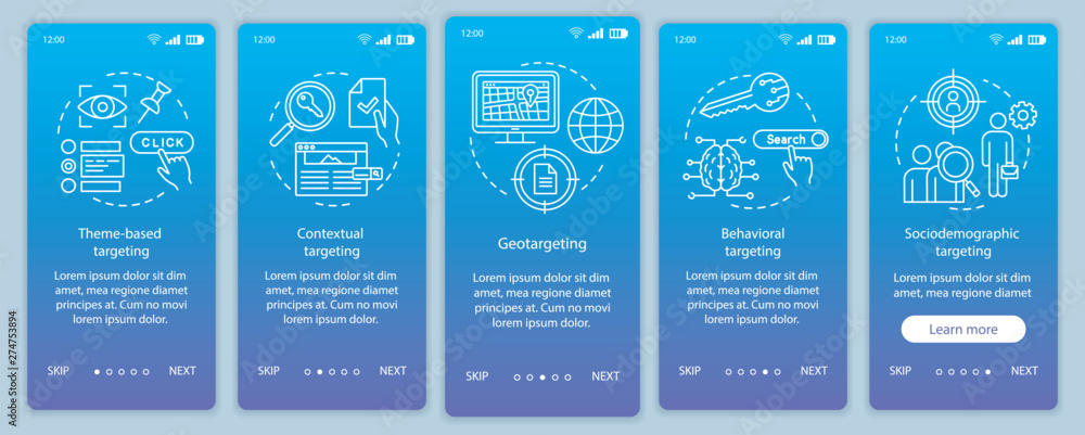 Targeting types blue gradient onboarding mobile app page screen vector ...