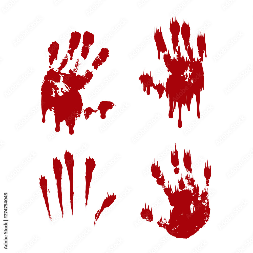 Bloedige hand afdruk set geïsoleerd witte achtergrond. Horror enge ...
