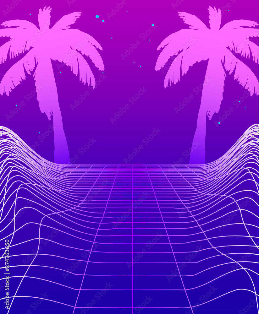 Synthwave Banner with Neon Glowing Grid, Futuristic Background with ...