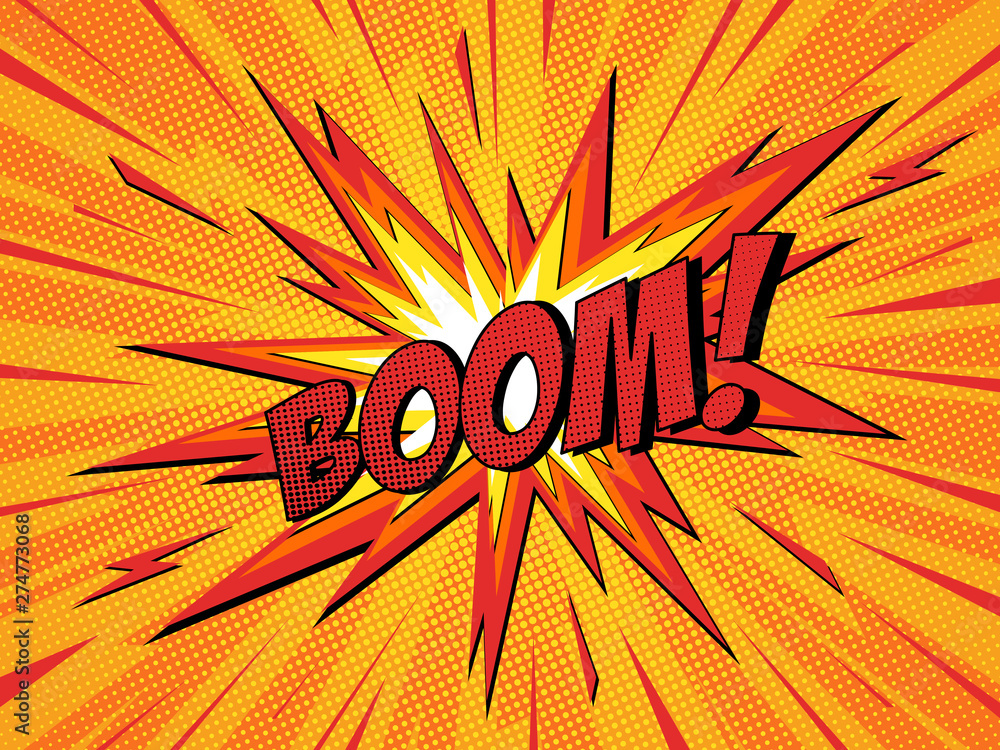 Boom! comic speech bubble. Cartoon explosion, lightning blast and fire ...
