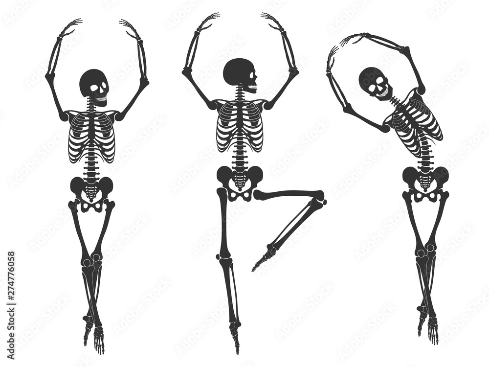 Ballet. Three dancing black silhouettes of skeletons, isolated on a ...
