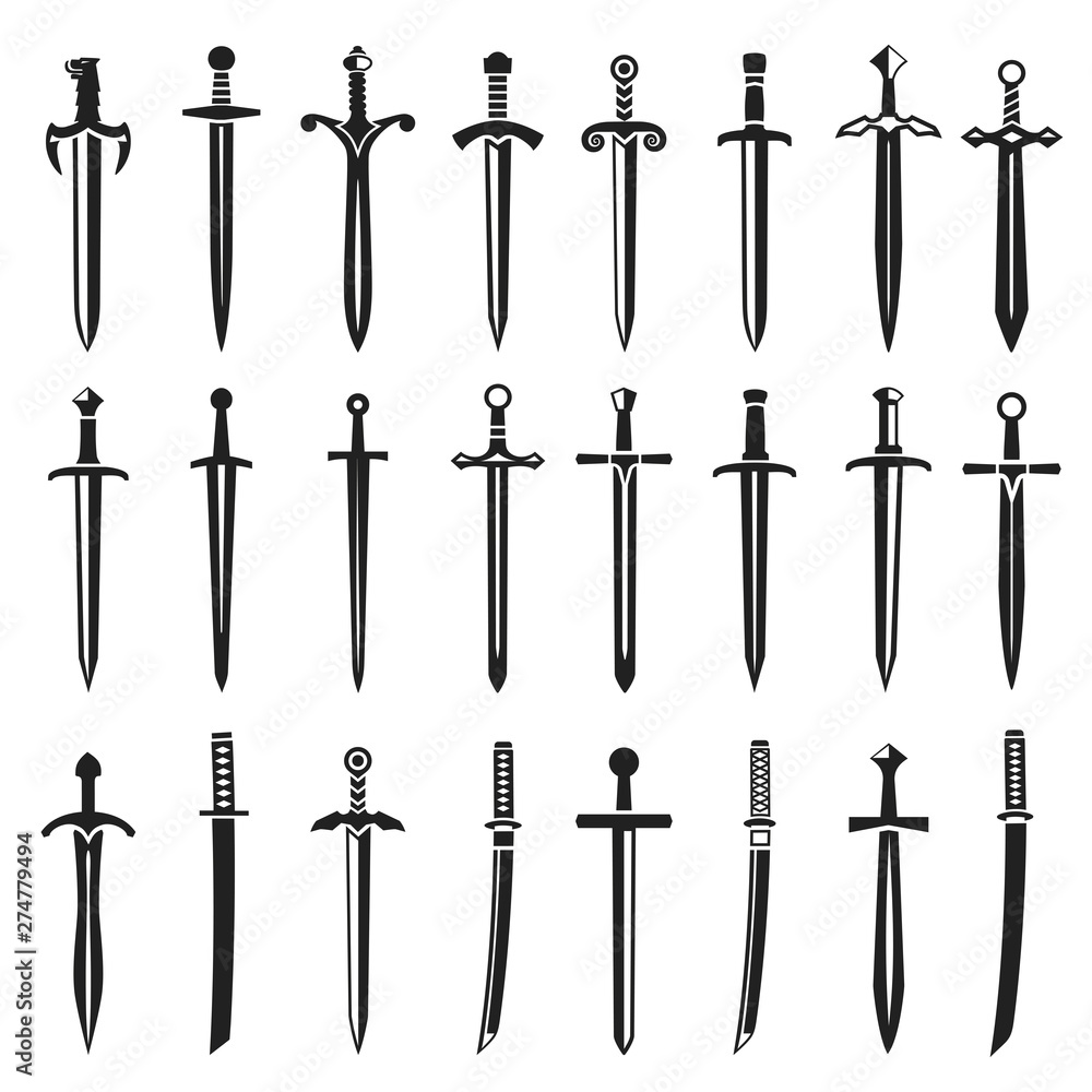 Swords in flat style and silhouettes isolated on white background. Icon ...