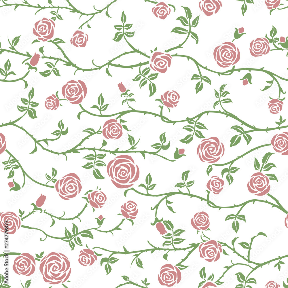 Tender rose floral seamless pattern with climbing curly flower and ...
