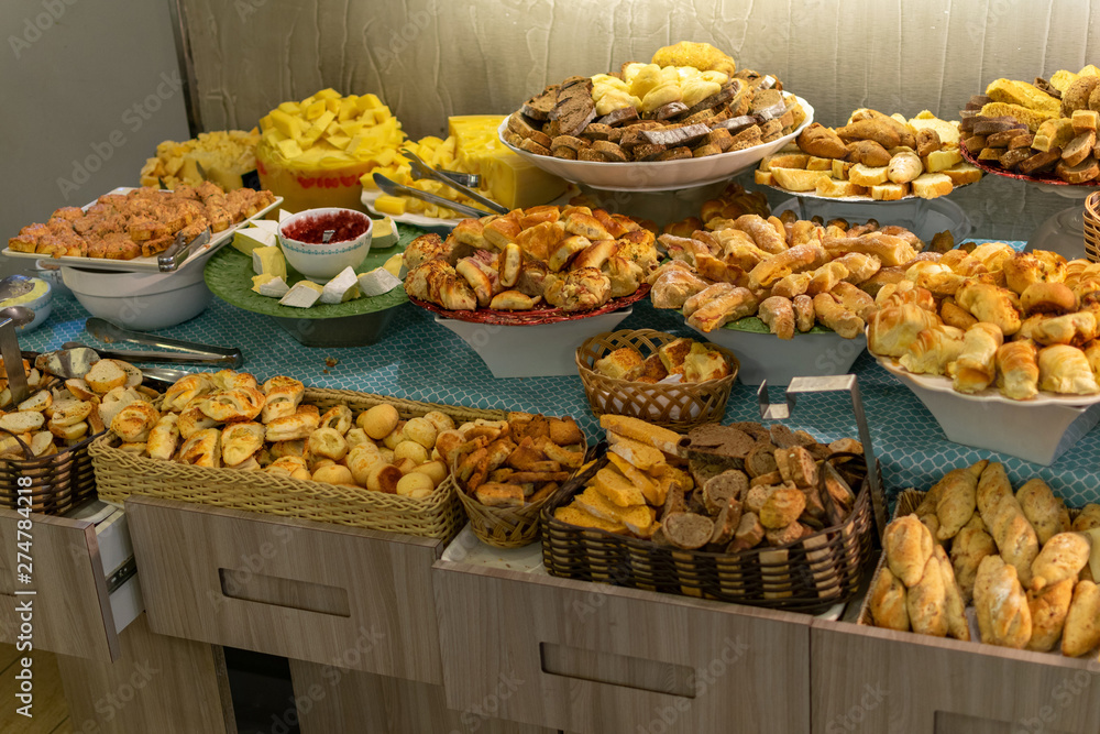 Buffet of bakery bread (roll, bread roll, garlic bread, rye bread ...