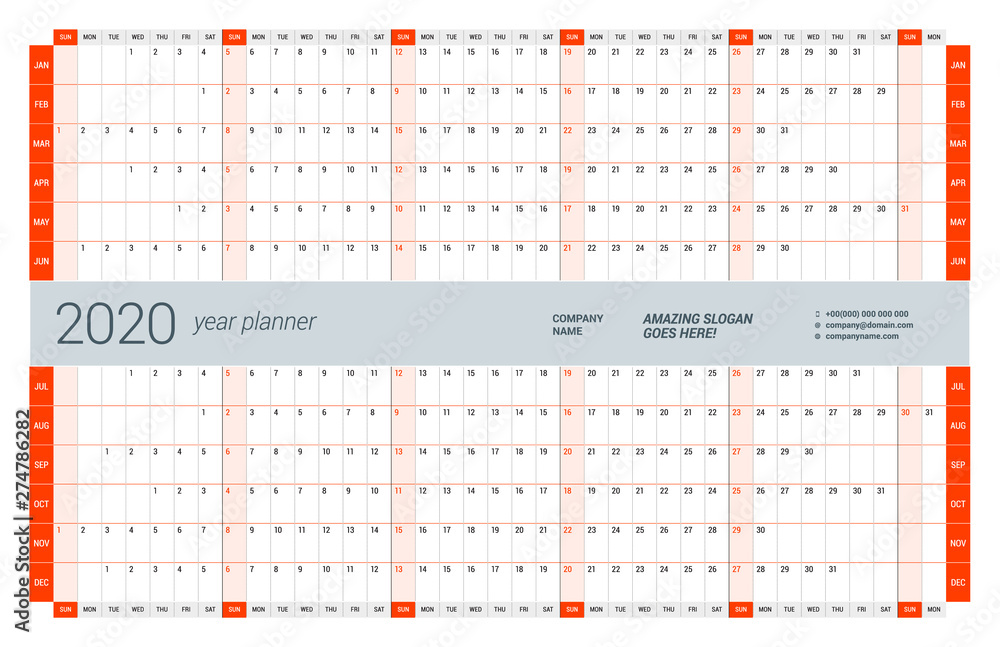 Wall calendar yearly planner template for 2020. Vector design print ...
