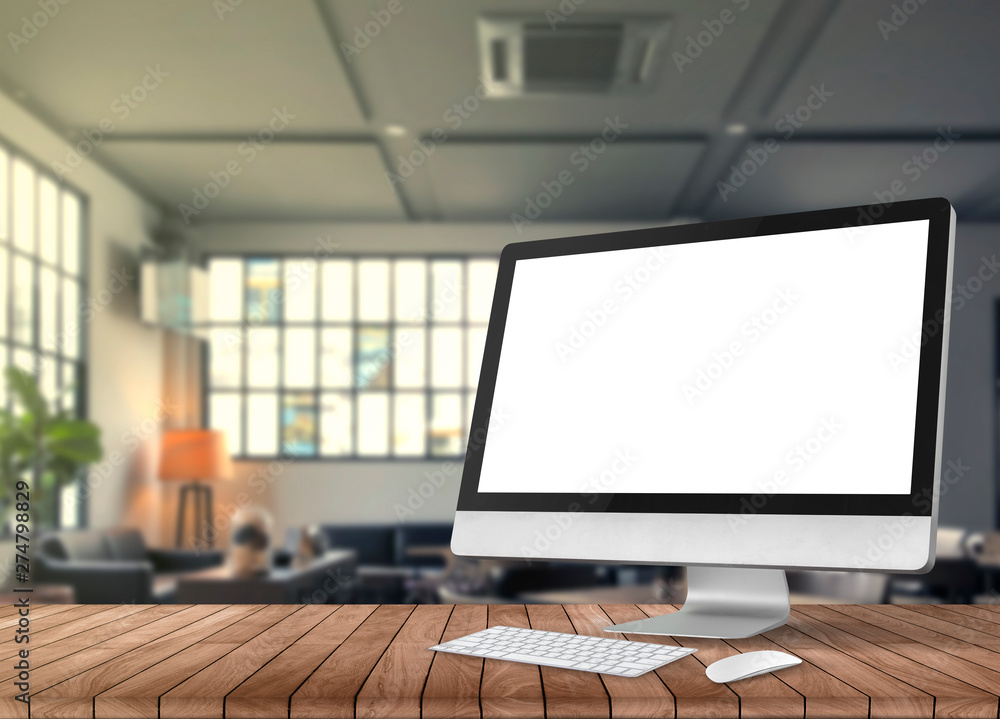 new model of computer display with blank white screen on perspective ...