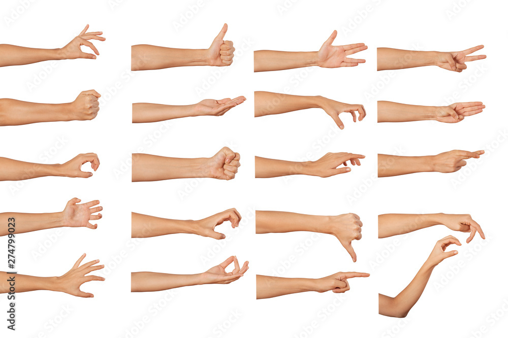 Multiple female caucasian hand gestures isolated over the white ...