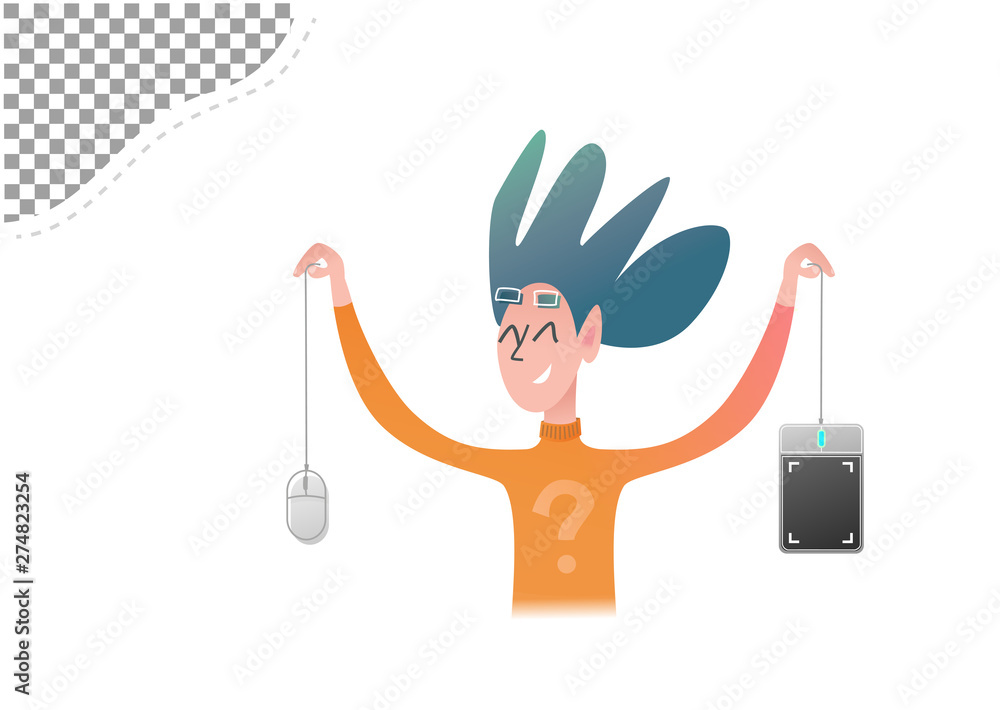 Cheerful cartoon character artist choose digital tablet or mouse ...