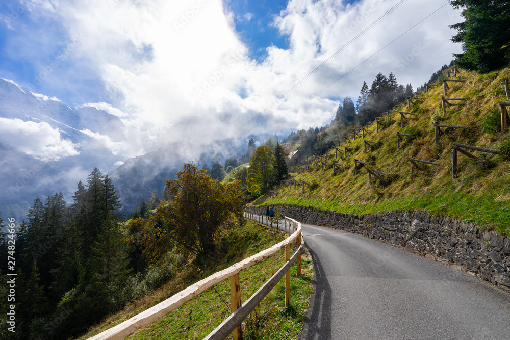 Spectacular panoramic view Lauterbrunnen valley to Murren-Gimmelwald ...