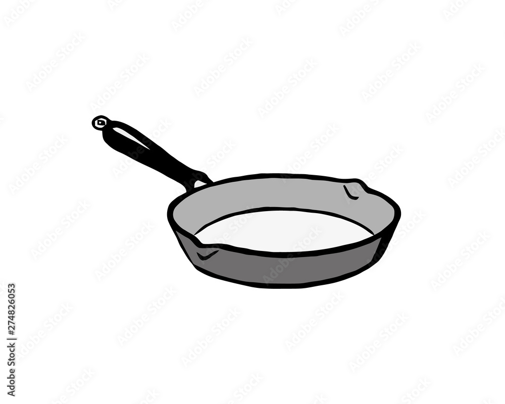Frying pan hand drawn outline doodle icon. Pan for frying food on heat ...