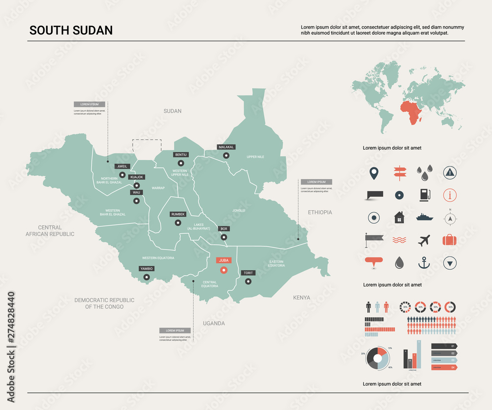 Vector map of South Sudan. Country map with division, cities and ...