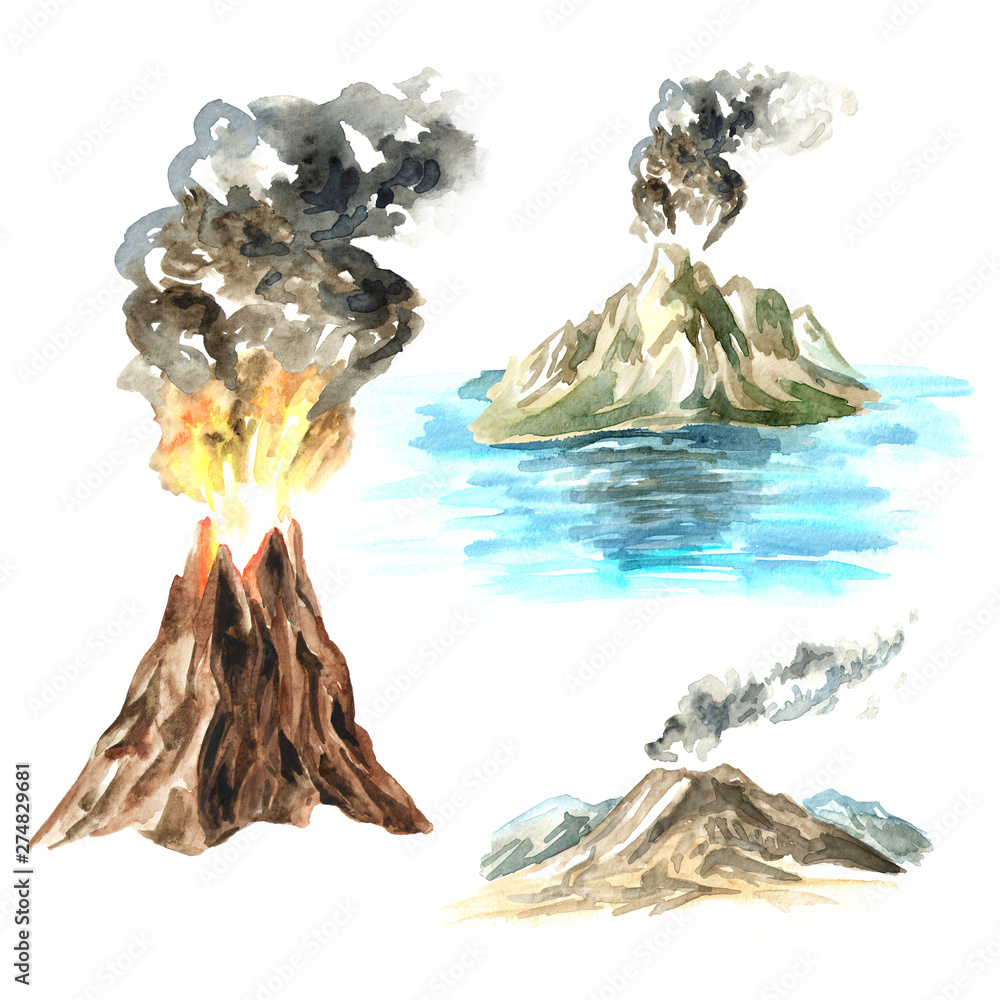 Volcano set. Watercolor hand drawn illustration, isolated on white ...