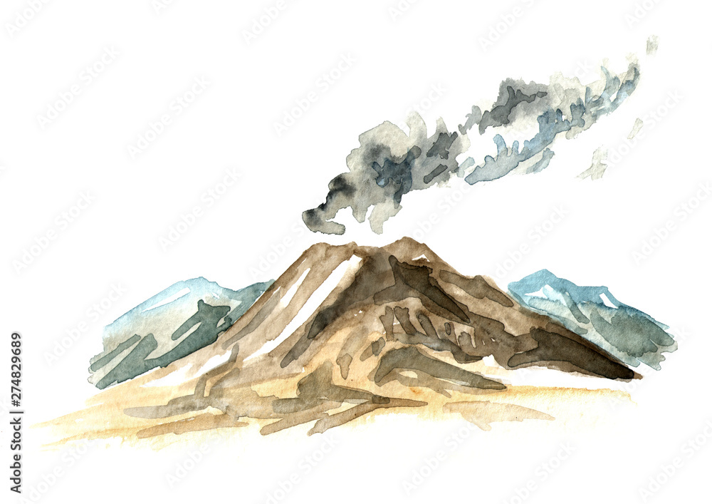 Volcano. Watercolor hand drawn illustration isolated on white ...
