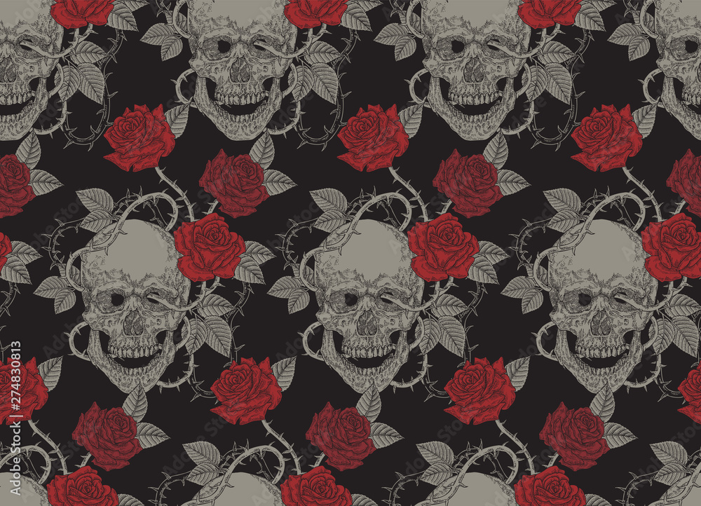 Human skull and red roses. Seamless pattern. Vector illustration ...