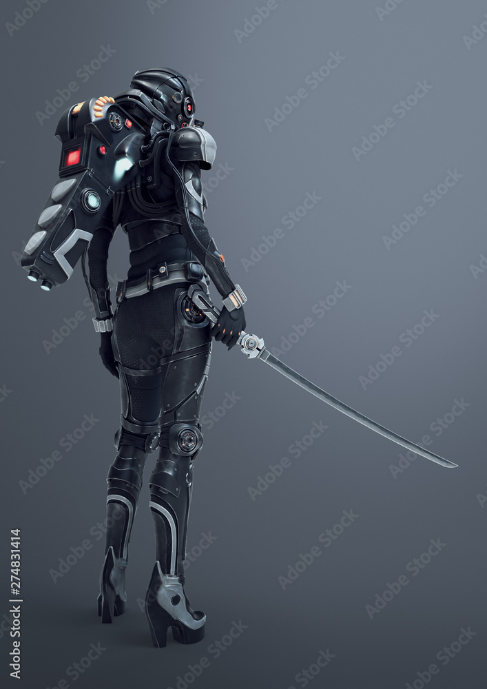 Science fiction cyborg female standing and holding futuristic japanese ...