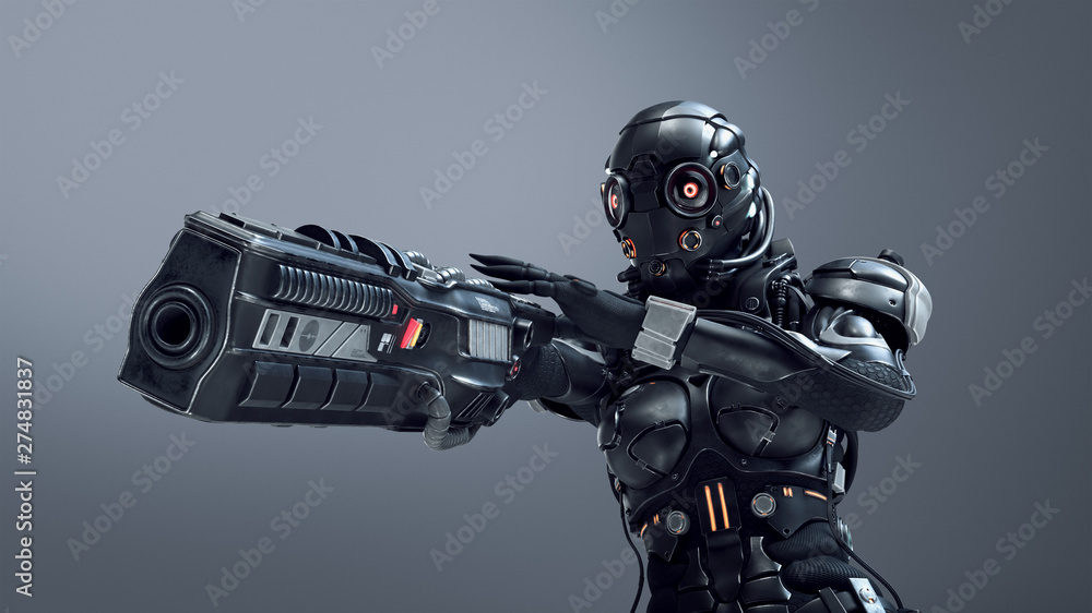 Science fiction cyborg female shooting with gun. Cyborg girl with big ...