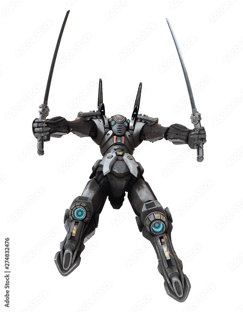 Sci-fi mech warrior holding two swords in fighting position. Mech in a ...
