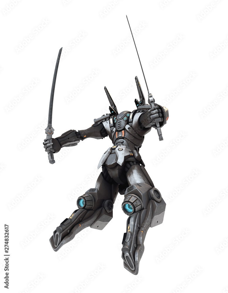 Sci-fi mech warrior holding two swords in fighting position. Mech in a ...