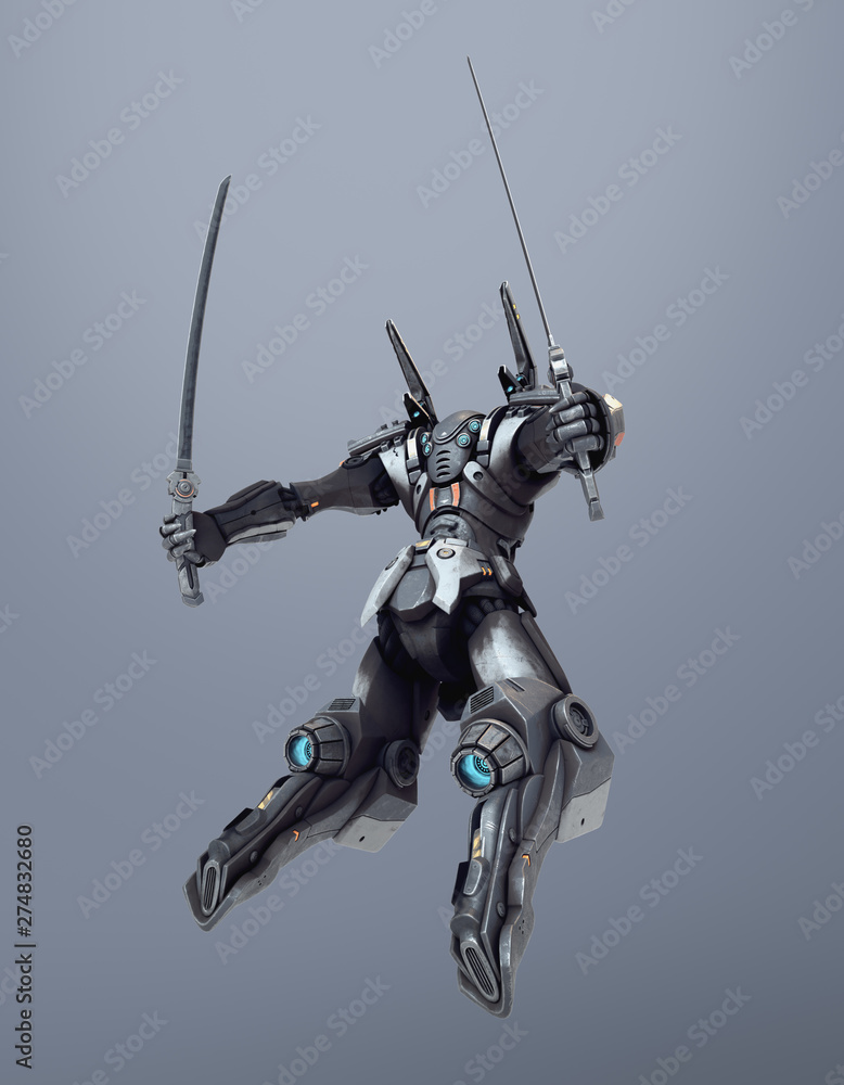 Sci-fi mech warrior holding two swords in fighting position. Mech in a ...