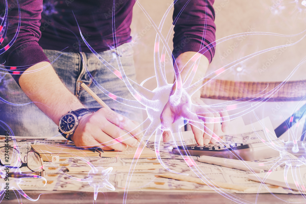 Interconnected neuron cells with glowing link knots in electrical ...