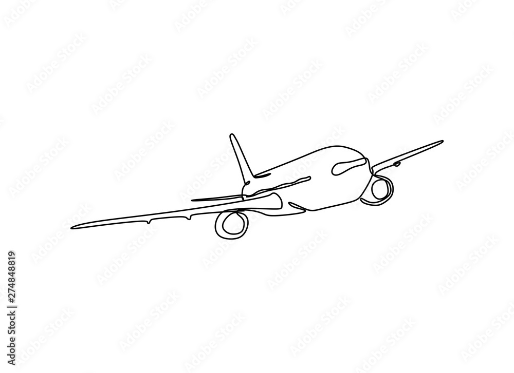 one line drawing of airplane flying on the sky on white background ...