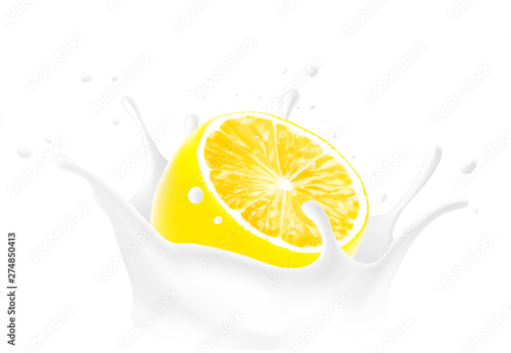 Realistic lemon with milk splashes and drops. Vector illustration ...