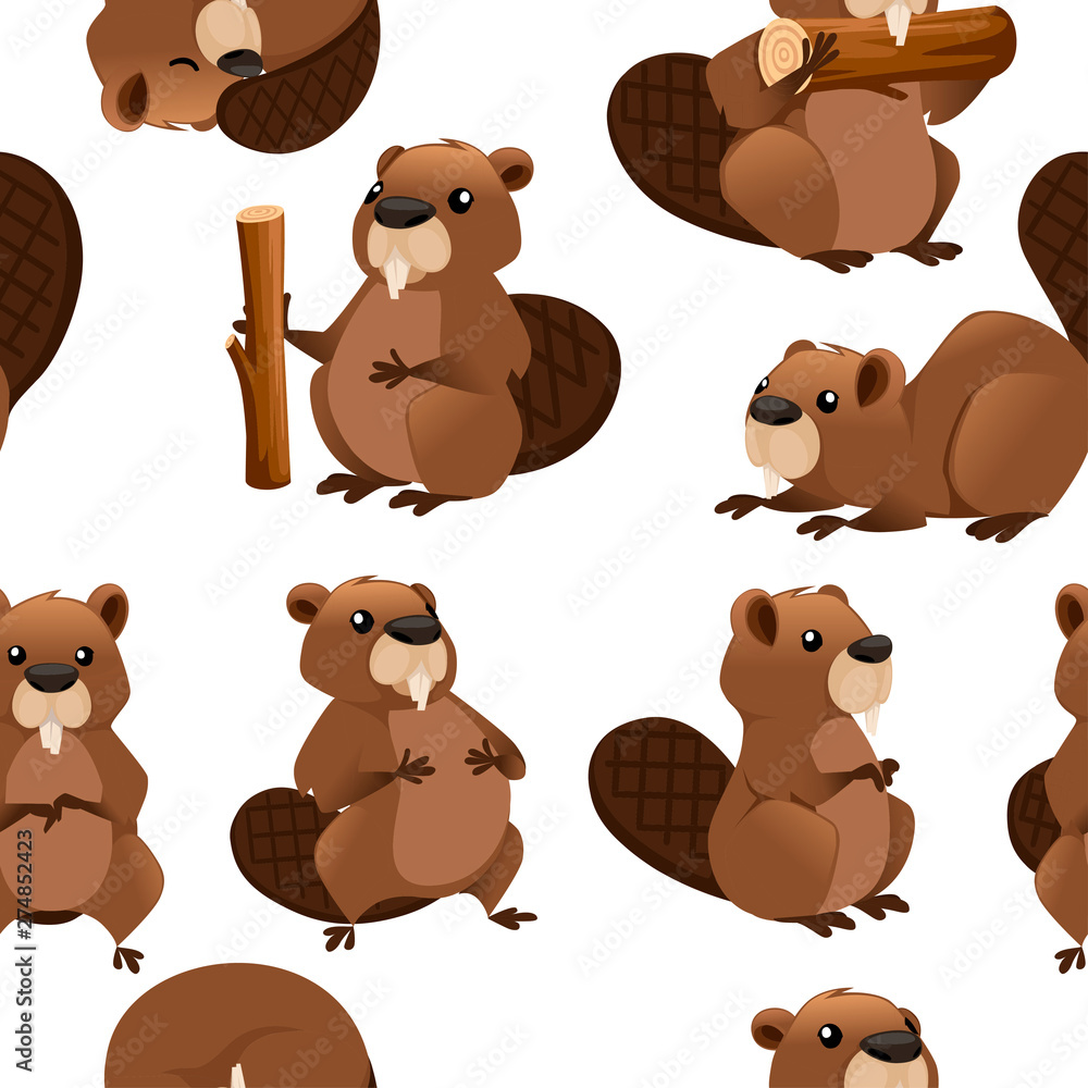 Seamless pattern of cute brown beaver. Cartoon character design. North ...