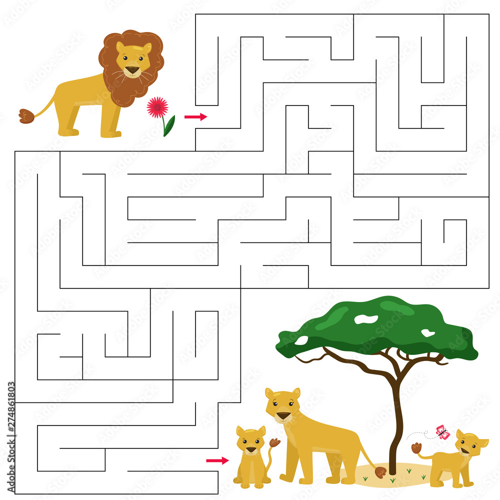 Maze game for kids. Help the lion find right way to his family. Lion ...