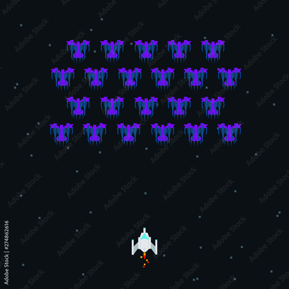 Retro video game, screen, arcade space warships, shooting, background ...