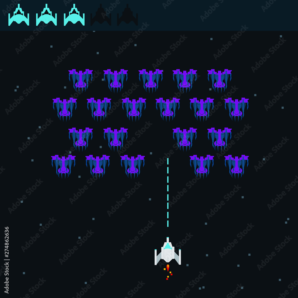 Retro video game, screen, arcade space warships, shooting, background ...