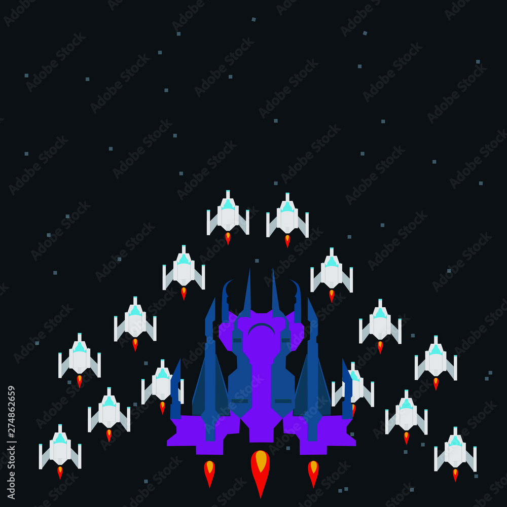 Retro video game, screen, arcade space warships, shooting, background ...