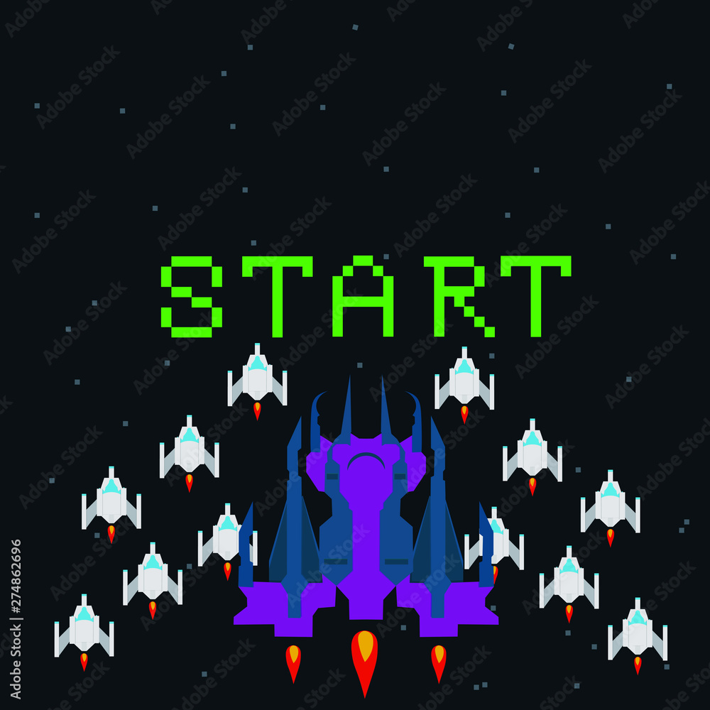 Retro video game, screen, arcade space warships, shooting, background ...