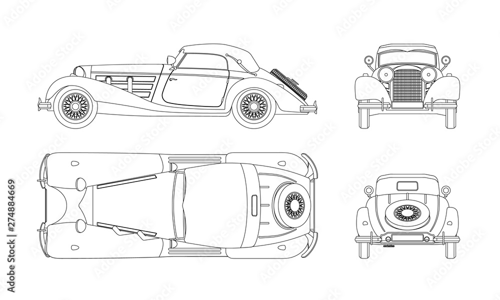 Outline blueprint of retro car on white background. Vintage cabriolet ...