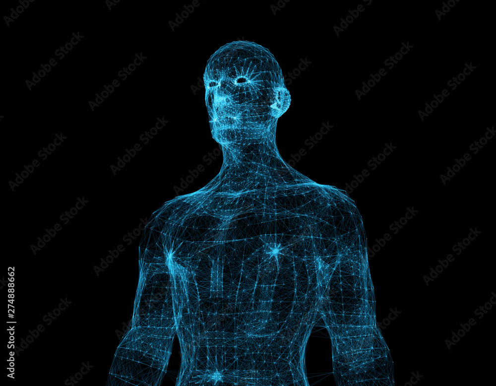 Future human technology, human body wireframe graphics, network data ...