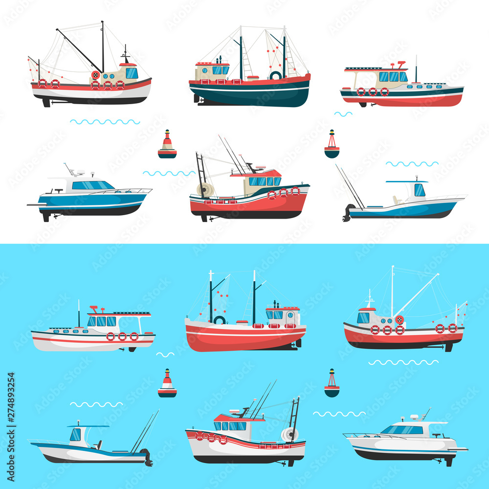 Fishing boats side view and buoys with blue sea background and isolated ...