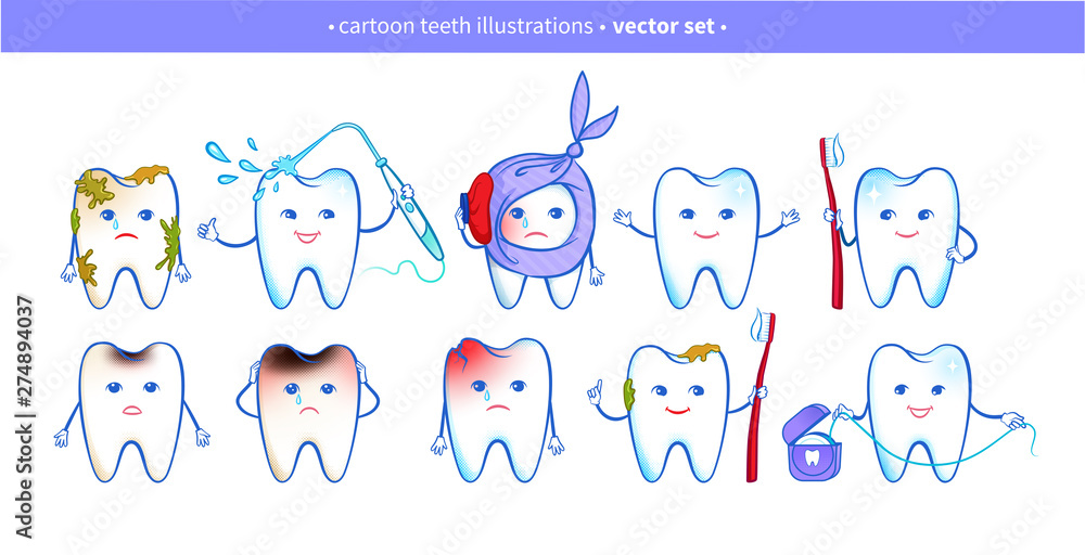 Collection of designs with tooth characters Stock Vector | Adobe Stock