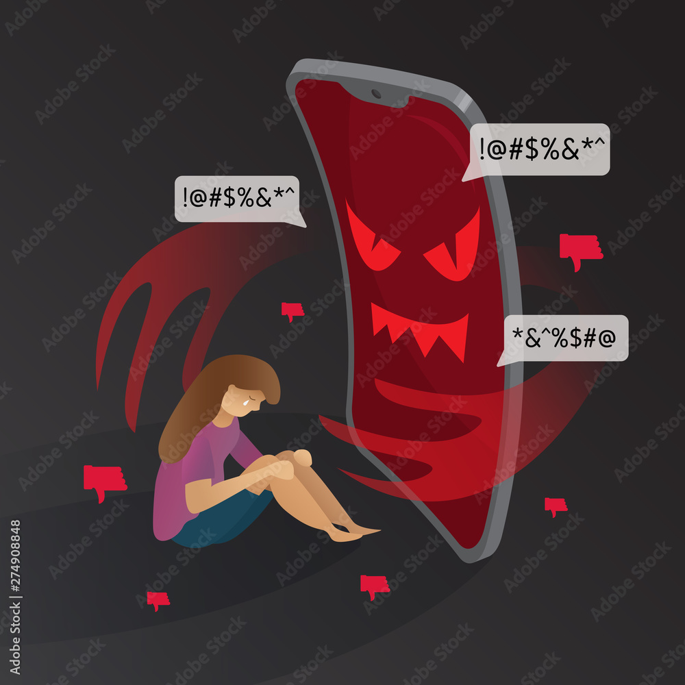 .cyber bullying phone devil with sad girl background graphic vector ...