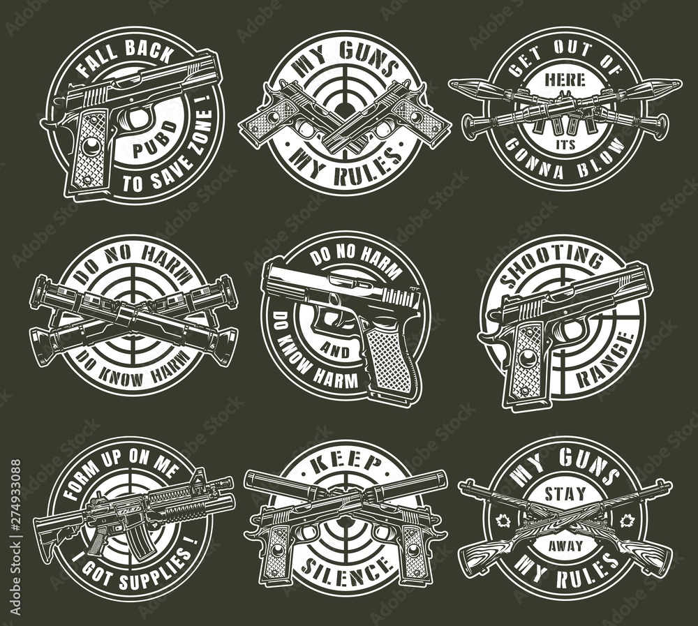 Vintage monochrome military weapons round emblems Stock Vector | Adobe ...