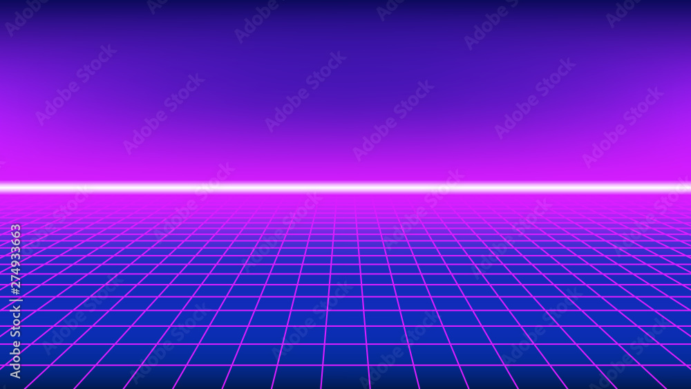 80s style background. Perspective grid with neon horizon line Stock ...
