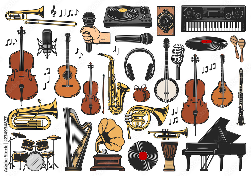 Music instruments, musical notes and equipment Stock Vector | Adobe Stock