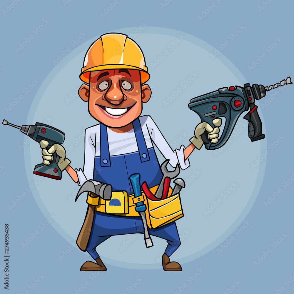 cartoon funny builder with tools on circle background Stock Vector ...