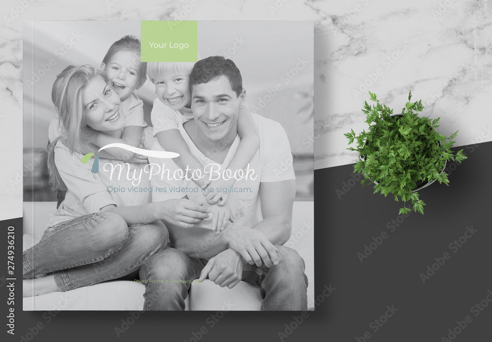 Square Photo Album with Green Accents Stock Template | Adobe Stock