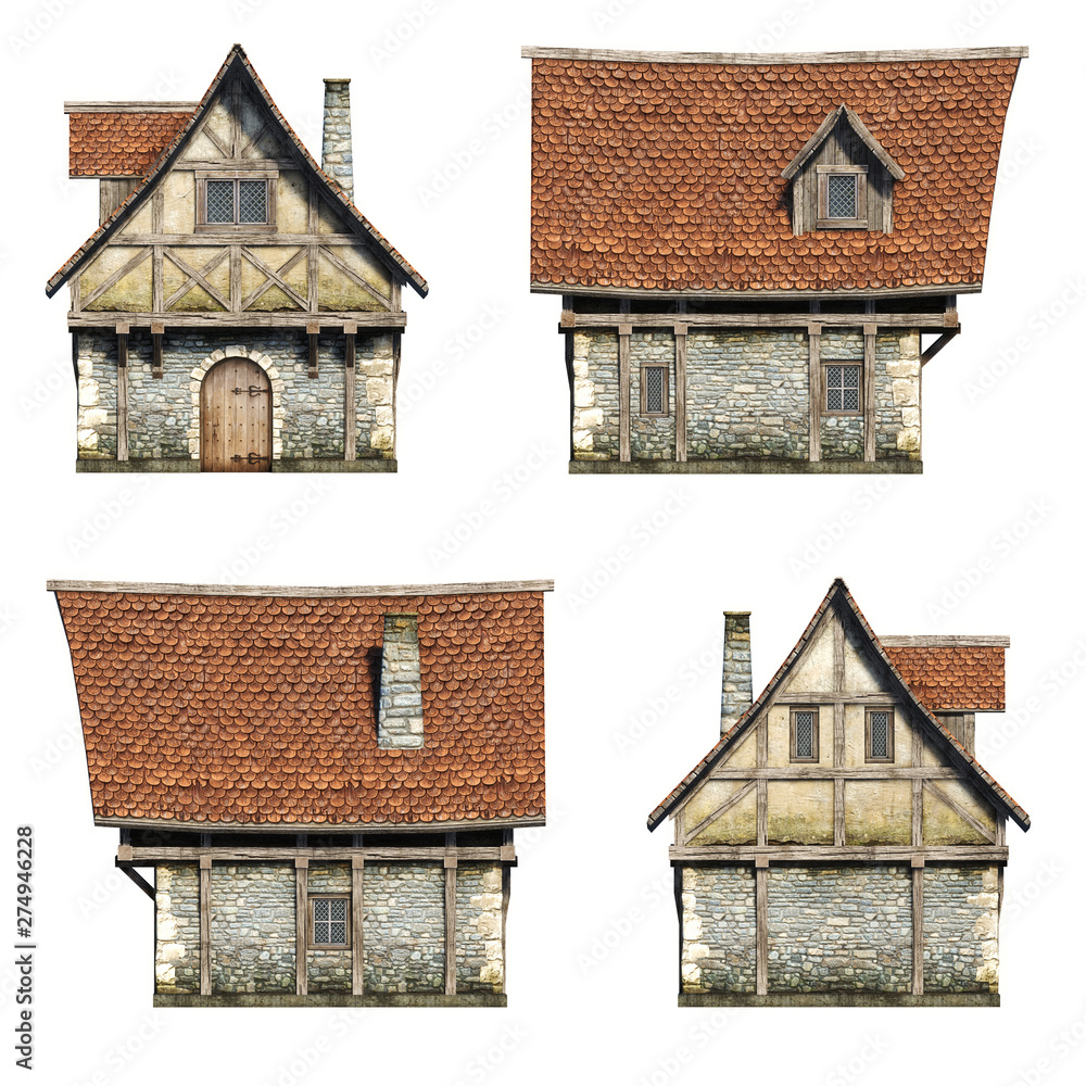 Frontside medieval houses set. 3D illustration Stock Illustration ...