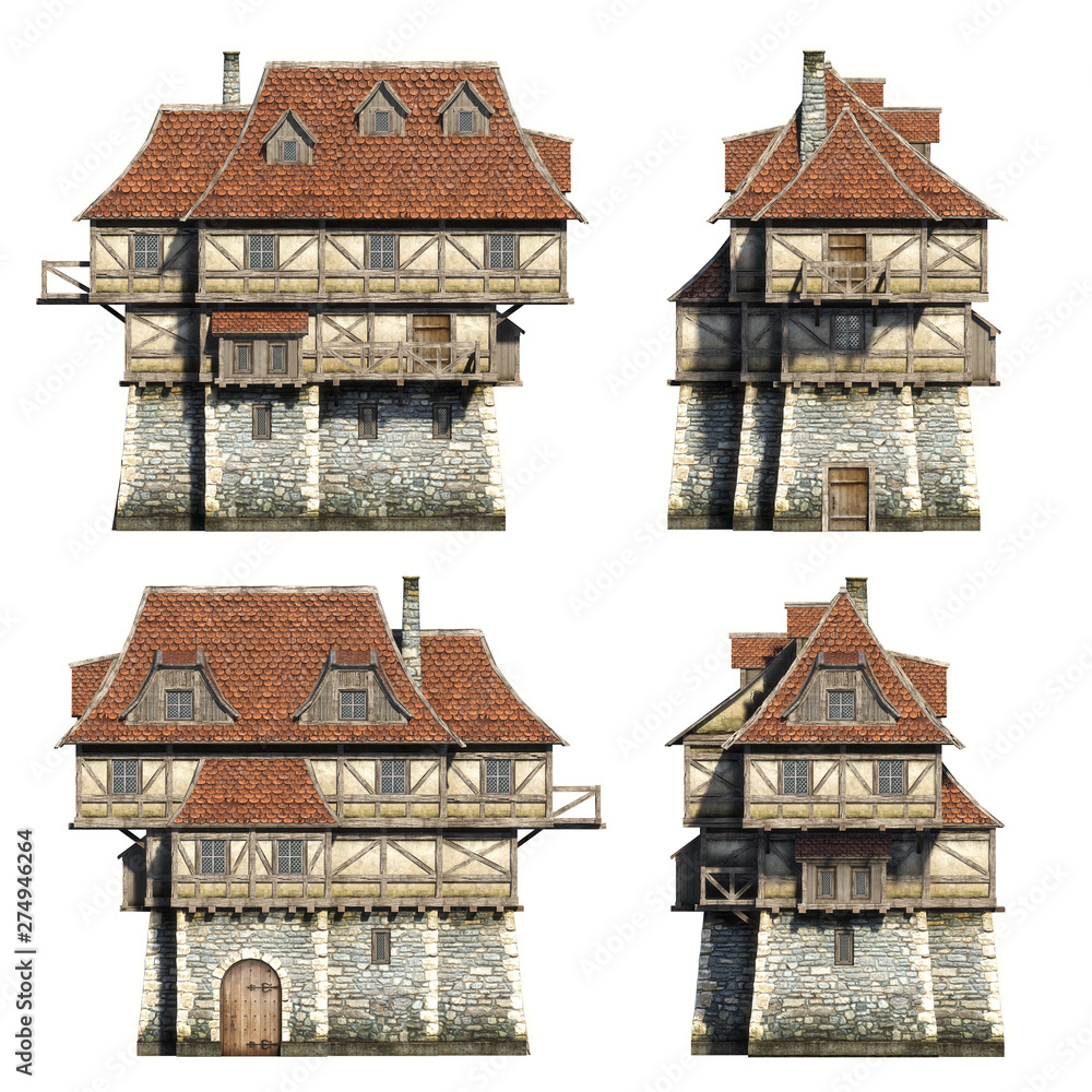 Frontside medieval houses set. 3D illustration Stock Illustration ...