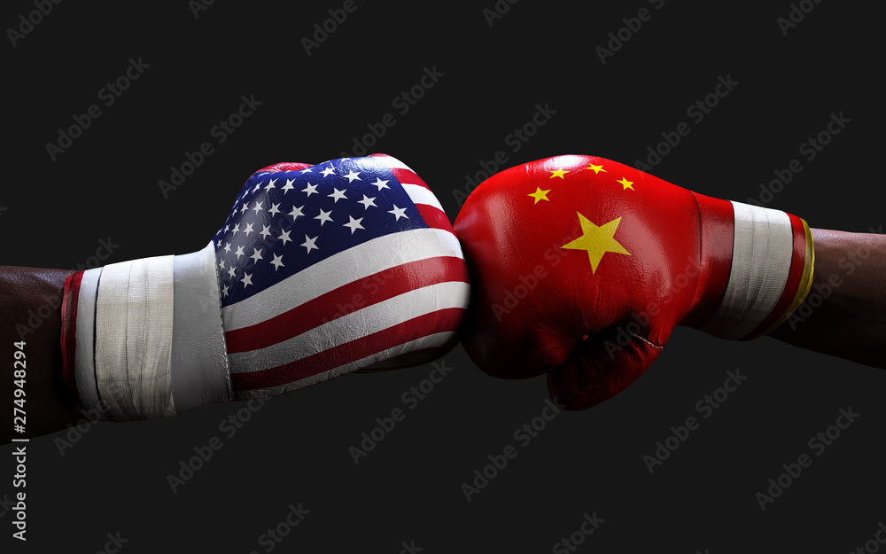 Concept of trade war between USA and China. 3d illustration two boxer ...