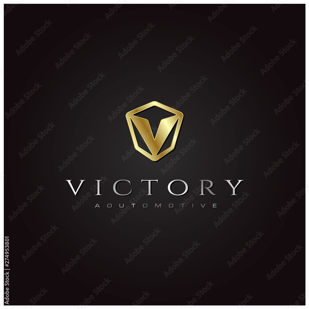 Initial Letter V Shield Car Badge Emblem logo design with 3D Gold ...