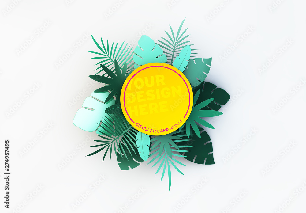 Circular Card with Tropical Leaf Illustrations Mockup Stock Template ...