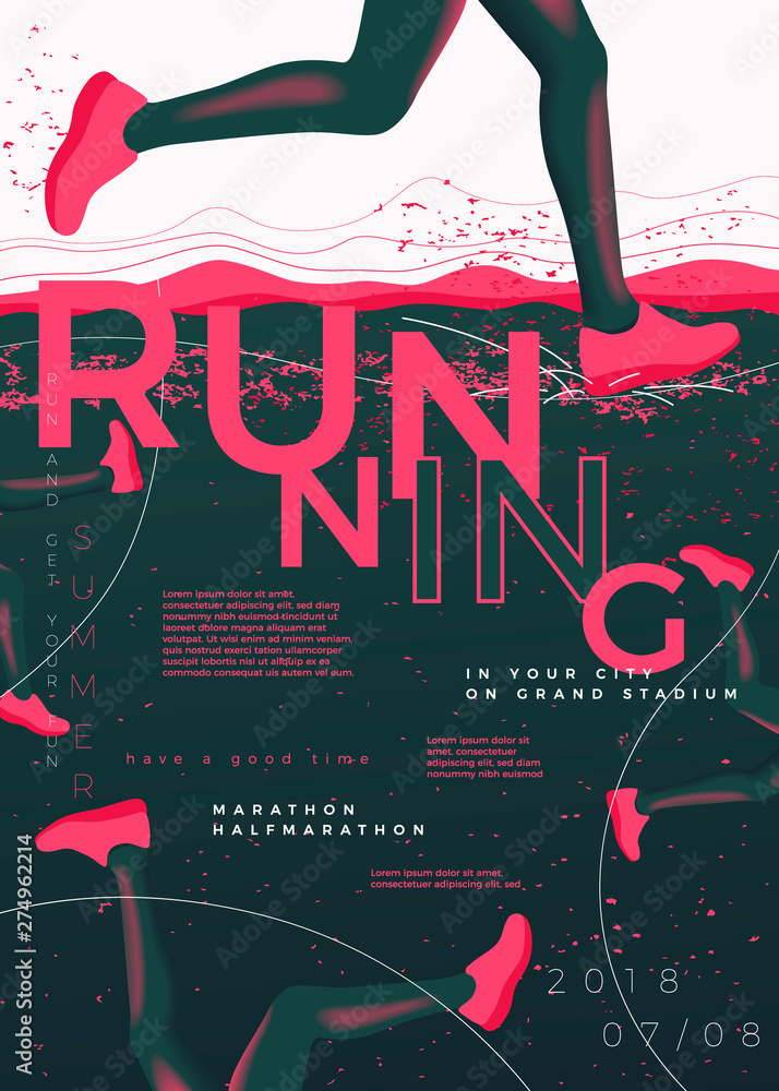 Vector typographic running poster template, with runners, grunge ...