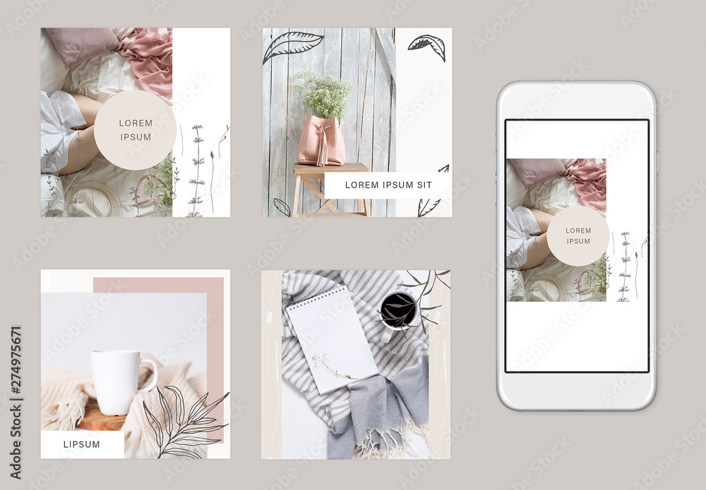 Social Media Post Layouts with Illustrative Leaf Graphics Stock ...