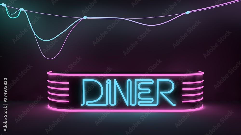 Glowing neon sign "Diner" against black background. Creative 3D ...